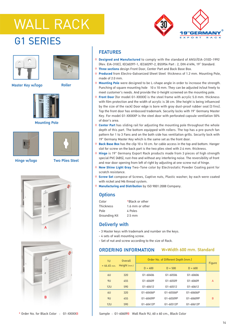 G1-60612 19” GERMAN WALL RACK 12U, ลึก 60 cm. (ตู้ 3 Part มีลูกกลิ้ง) - SS-Cable
